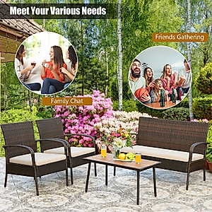 COSTWAY 4PCS Patio Rattan Furniture Set Outdoor Conversation Set Coffee Table w/Cushions