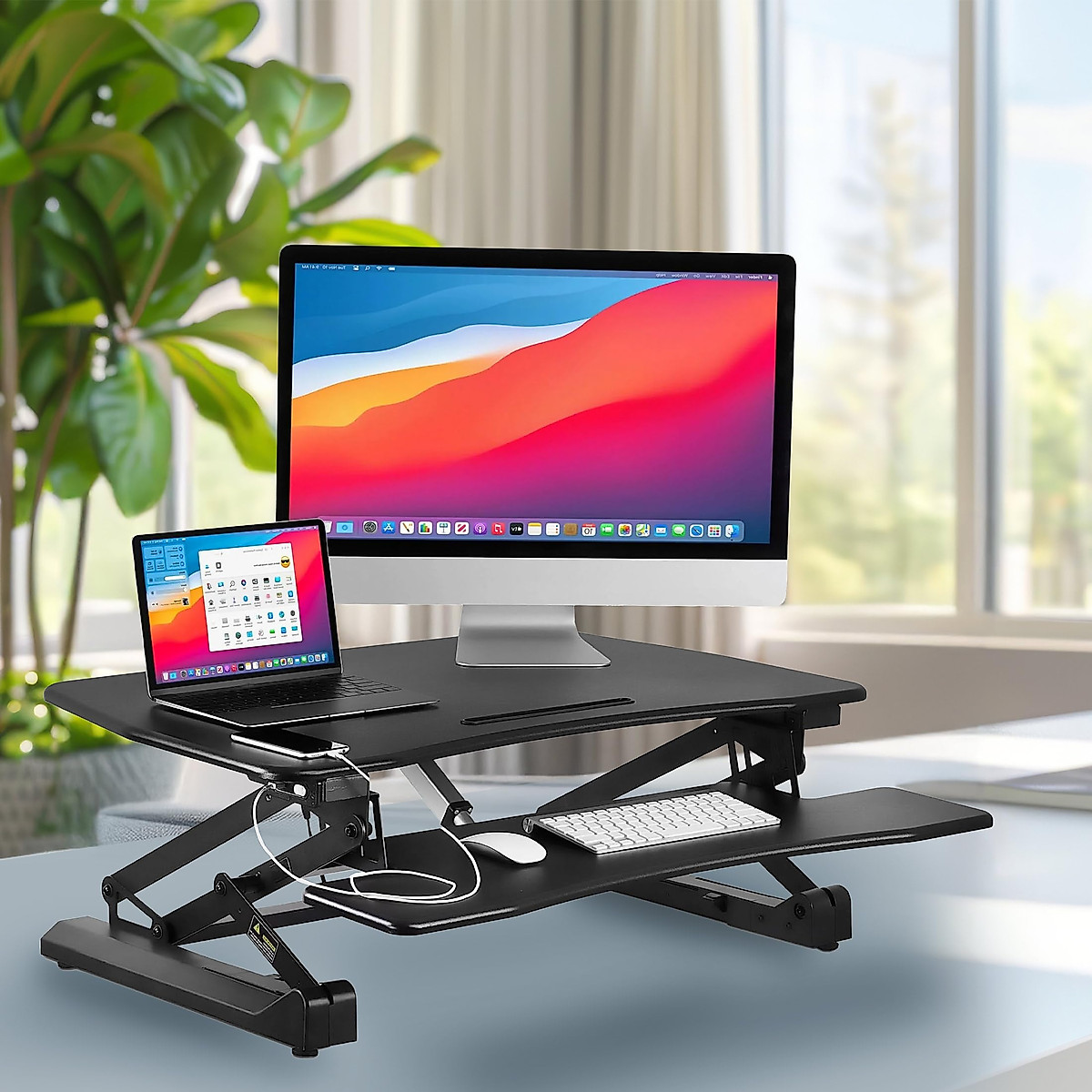 Mount-It! Electric Standing Desk Converter | Motorized Sit Stand Desk with Built in USB Port | Ergonomic Height Adjustable Workstation | Black (MI-7927E)