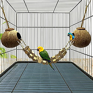 Hamiledyi Coconut Bird Nest Hut with Ladder Hanging Birds Hide House Toy for Cage Natural Coco Shell Hideaway for Parakeet Lovebirds Finch Syrian Hamster Gecko Squirrel Climbing