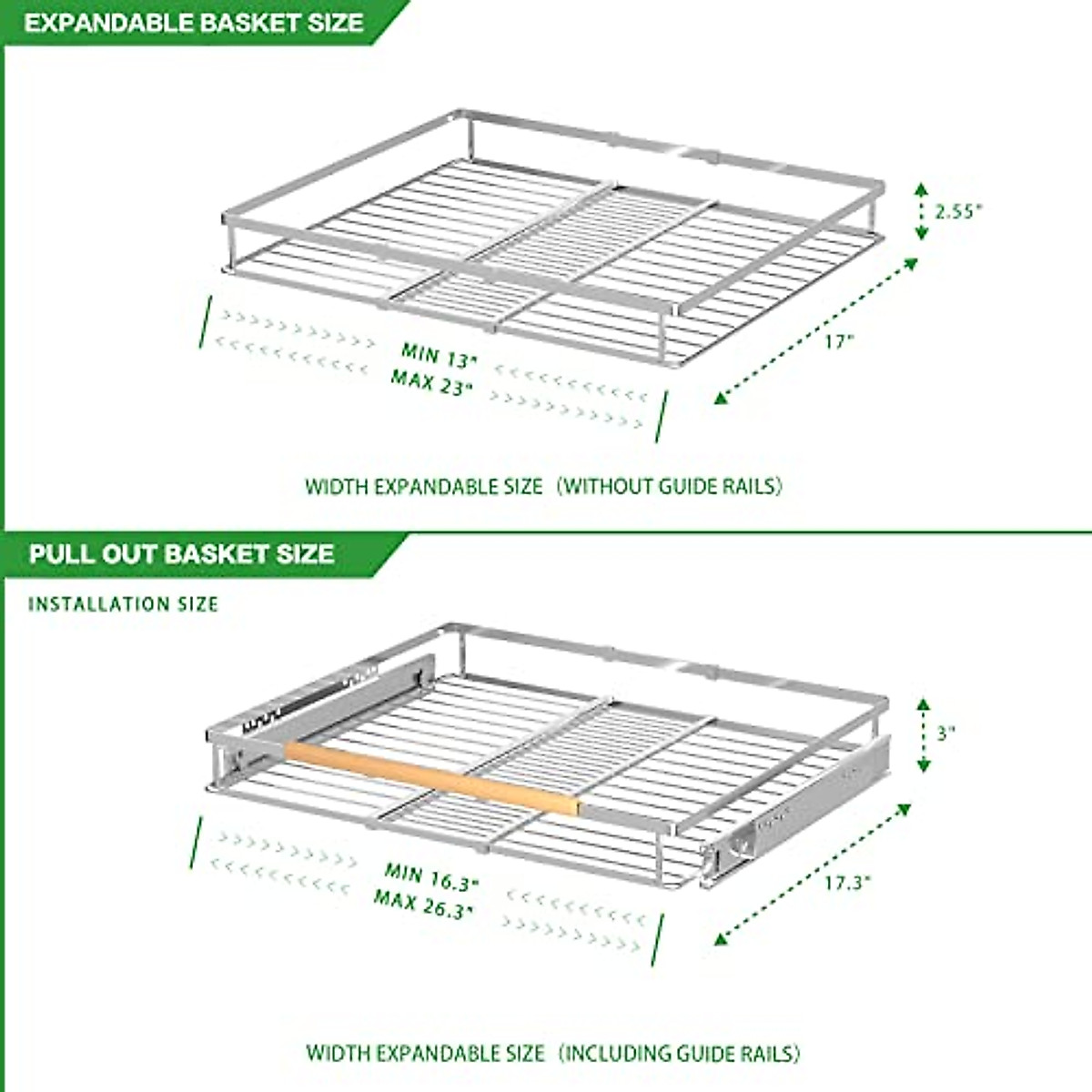SOFRON Pull Out Drawer Cabinet Organizers, Expandable Heavy Duty Slide Out Storage Shelf for Home Kitchen Pantry Cupboard Pots Pans, Adjustable Width from 16.3" to 26.3", Stainless Steel 1 Pack