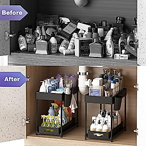 NYYTGE Under Sink Organizer Under Bathroom Cabinet Storage 2 Tier Storage Rack with 4 Hooks, Under Cabinet Organizer Baskets, Multi-purpose Under Sink Shelf Organizer for Bathroom Kitchen