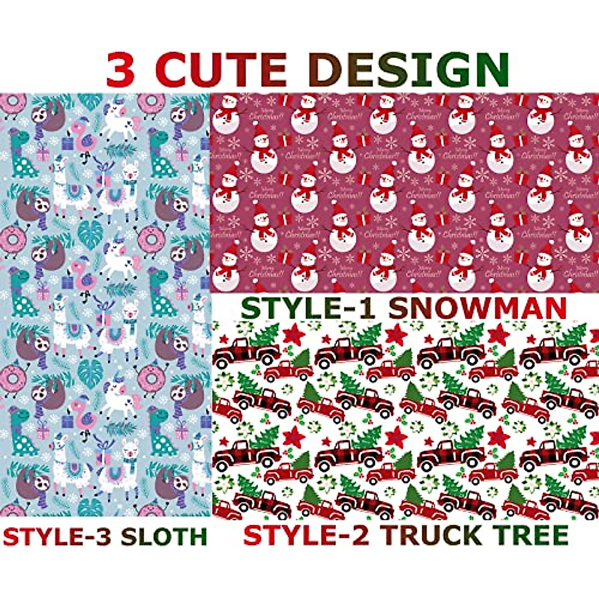 U'COVER Christmas Gift Wrapping Paper Large Sheet for Kids Boys Girls Baby Women Men Xmas Wrapping Paper 3Style Christmas Sloth Llama Santa Snowman Tree Truck Car Gift Wrap Paper (27*39.4inch 22sq.ft.)