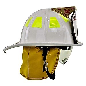 MSA 1010DDW Cairns Fire Helmet with Defender, Deluxe Leather, Crown Pad, PBI/Kevlar Earlap, Nomex Chinstrap with Quick Release, Postman Slide and 6" Carved Brass Eagle, White