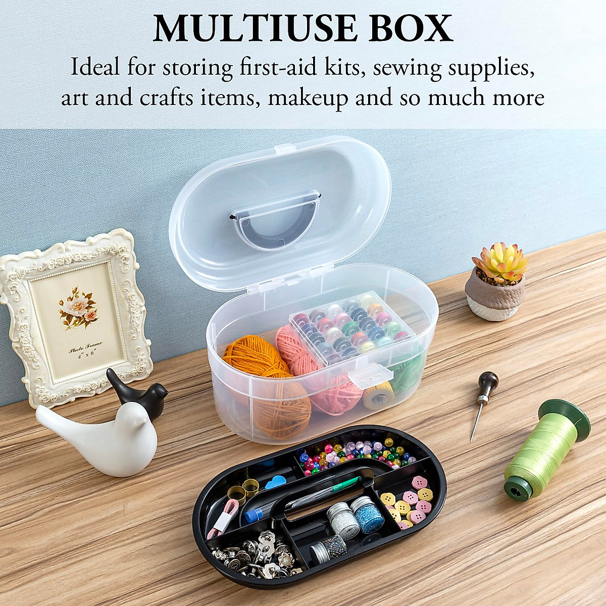 MyGift 11 x 7 Inch Clear Plastic Arts & Crafts Storage Case, Round Portable Container with Black Top Handle and Removable Tray for First Aid Kit or Sewing Supplies