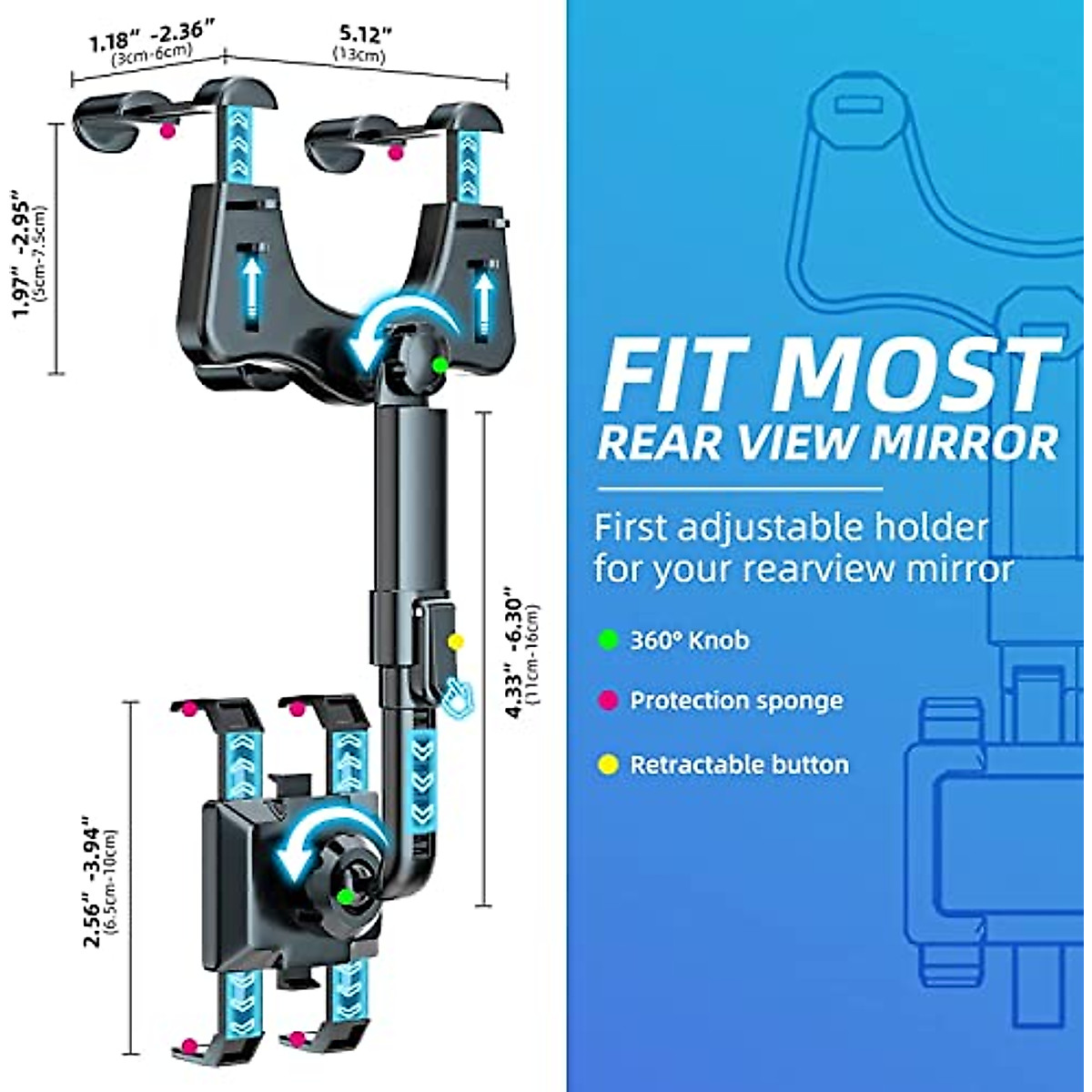 Phone Mount for Cars, 360°Rotatable and Retractable Car Phone Holder Mount Multifunctional Rearview Mirror Phone Holder Car Adjustable Cell Phone Holder for iPhone,Samsung,Huawei and All Smartphones