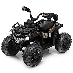 Costzon Kids ATV, 12V Battery Powered Electric Vehicle w/Music, Headlights, MP3, Spring Suspension, High & Low Speed, Treaded Tires, Storage Basket, Ride on 4 Wheeler Quad for 3-8 Years Old (Black)