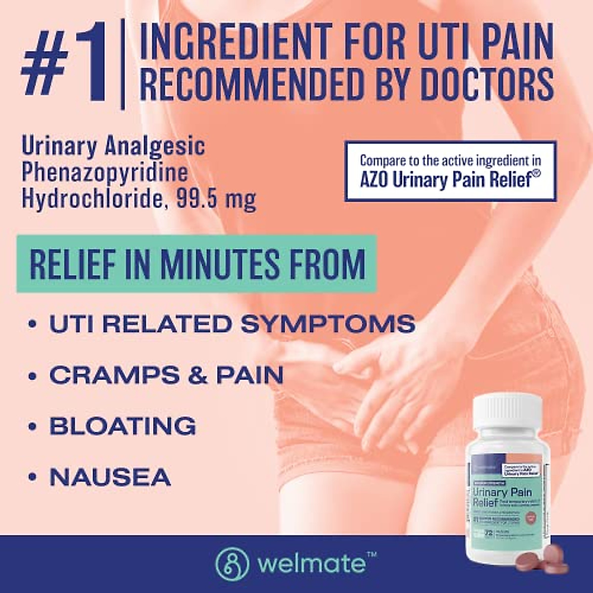 WELMATE Urinary Pain Relief | UTI Relief | Fast Acting | Bladder Discomfort & Pain Relief | Phenazopyridine Hydrochloride 99.5mg | 72 Count Tablets