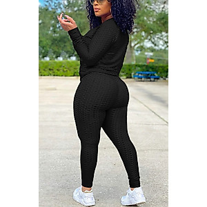 Jogging Suits for Women, Textured Tracksuit Long Sleeve Pullover Shirt and Pants 2 Piece Outfits Set Black L