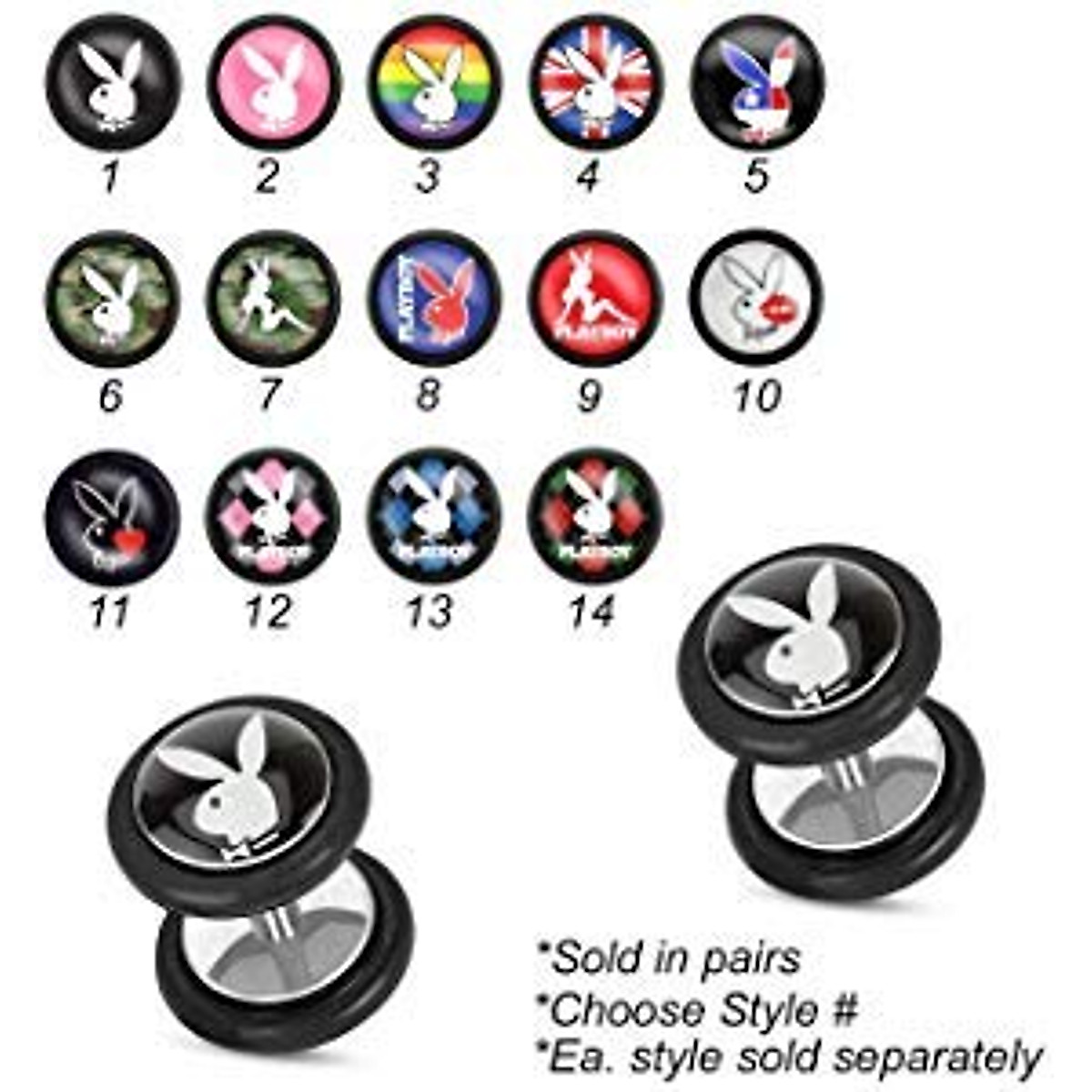 Forbidden Body Jewelry 16g Surgical Steel Playboy Logo Epoxy Inlay Cheater Plug Earrings (Style 3)