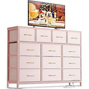 ODK Dresser with Charging Station, 57-Inch Long Dresser TV Stand for Bedroom, Large Dresser with 13 Storage Drawers, Chest of Drawers Easy-Pull Fabric Dressers for Living Room, Pink