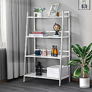 MoNiBloom Ladder Shelf for Plant Flower Book, Bamboo 4-Tier Trapezoid Storage Shelf Organizer for Living Room Patio Kitchen Bathroom Home Office, White