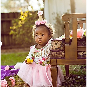 Grace and Lucille 1st Birthday Dress - White Floral Long Sleeve Dress with Pink Tutu, Gold Script (6-12 Months)