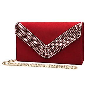 Lefrcry Women Satin Evening Bags Ladies Party Handbag for Wedding Party Handbag Rhinestone Clutch Purses RED