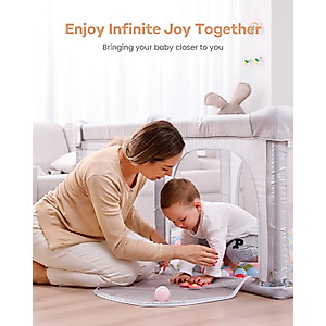 Baby Playpen Playard Foldable, Extra Large Playpen for Babies and Toddlers, Safe Sturdy Baby Fence Play Area with Gate, Removable Bottom, 79 x 59 x 27 Inches, Grey