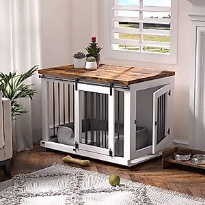 Zakkart Dog Crate Furniture for Large Dogs Up to 60 lbs. - Barn Door Puppy Kennel w/Thickened Farmhouse Top & Metal Bars - 37'' Wide - White Decorative Modern Dog Crate Table, End Table, Nightstand