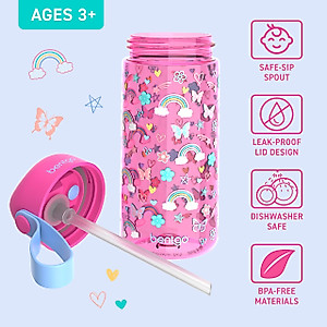 Bentgo Kids Water Bottle - Leak-Proof, Durable Tritan, BPA-Free 15 oz. Cup for Kids/Toddlers Ages 3+, Safe Sip Spout, Carrying Handle, & Dishwasher Safe for School & Sports (Rainbows & Butterflies)