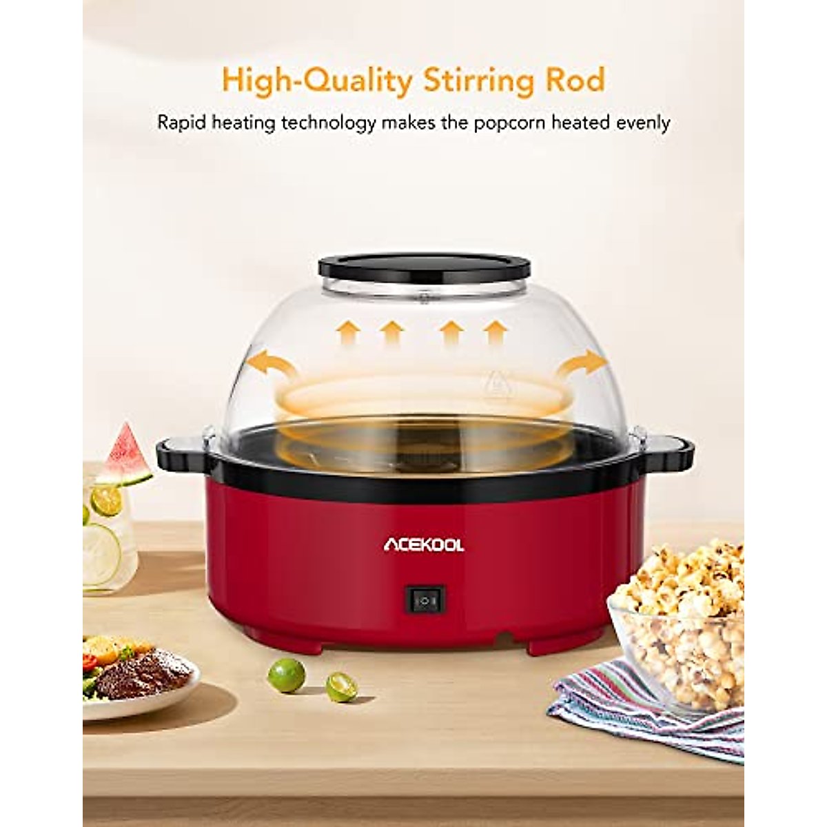 Upgraded, ACEKOOL Popcorn Maker, Multifunctional Popcorn Popper Machine with Nonstick Plate & Stirring Rod, Stir Crazy Popcorn Popper with Large Lid for Serving Bowl and Two Measuring Spoons
