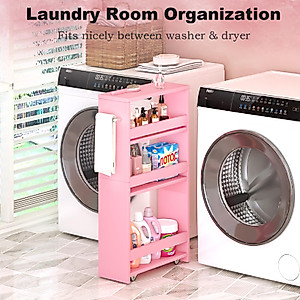 MARTY Pink Slim Storage Cart, 4-Tier Rolling Bookshelf Kitchen Cart with Wheels, Laundry Room Organization with Handle Slide Out Utility Cart Shelving Unit Trolley for Narrow Places