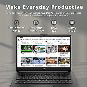 HP Stream 14" HD BrightView Laptop, Intel Celeron N4120, 8GB RAM, 64GB eMMC, Intel UHD Graphics, 720p Webcam, 1 Year Office 365, Black, Win 11 S, 32GB Hotface USB Card