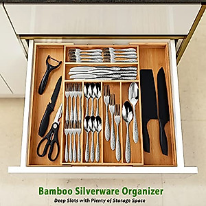 Bellsal Large Kitchen Drawer Organizer 22 In Wide Silverware Organizer Expandable Bamboo Utensil Organizer Silverware Tray for Large Cutlery 8 Slots