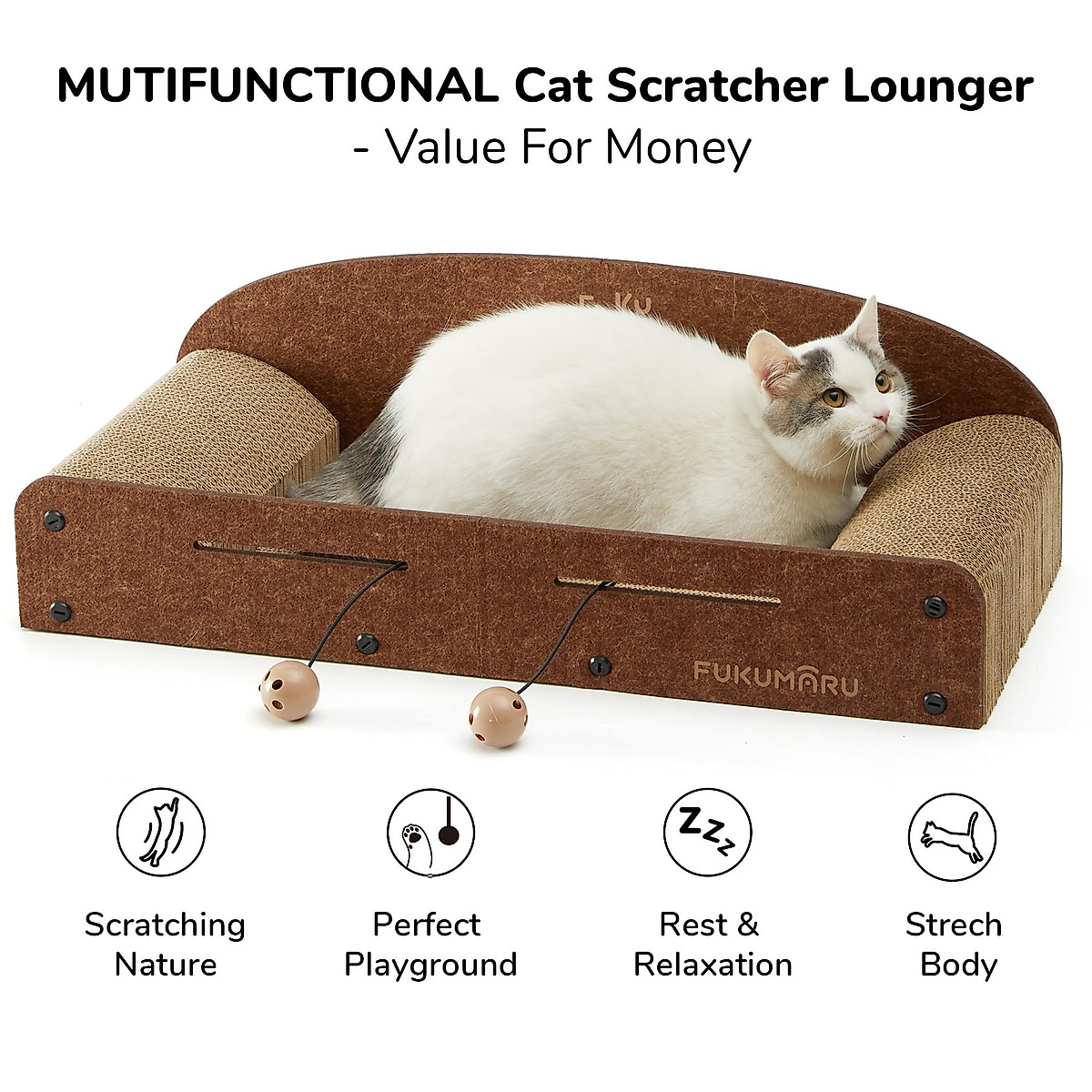 FUKUMARU 26 Inch Cat Scratcher Cardboard Lounge Bed, Durable Cat Scratcher Extra Large Lounger, 2 Reversible Cat Scratching Pads Refill for Indoor Cats, Cat Scratch Bed Cardboard Toy, Caramel Color