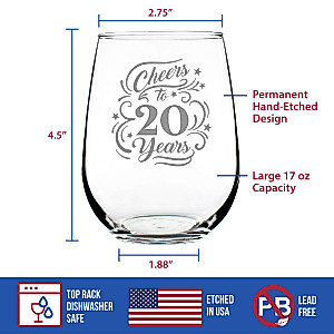 Cheers to 20 Years - Stemless Wine Glass Gifts for Women & Men - 20th Anniversary or Birthday Party Decor - Large 17 Ounce Glasses