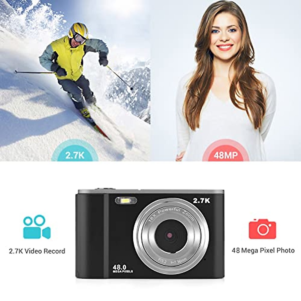 Andoer Portable Digital Camera 48MP 2.7K 2.88-inch IPS Screen 16X Zoom Auto Focus Self-Timer 128GB Extended Memory Face Detection Anti-Shaking with 2pcs Batteries Hand Strap Carry Pouch
