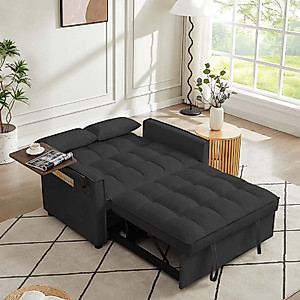 Antetek 3 in 1 Convertible Sofa Bed w/360° Rotating Side Table, 47" Modern Velvet Loveseat Sofa, Small Sleeper Pullout Bed w/Adjustable Backrest for Living Room Apartment, Office, Small Space, Black