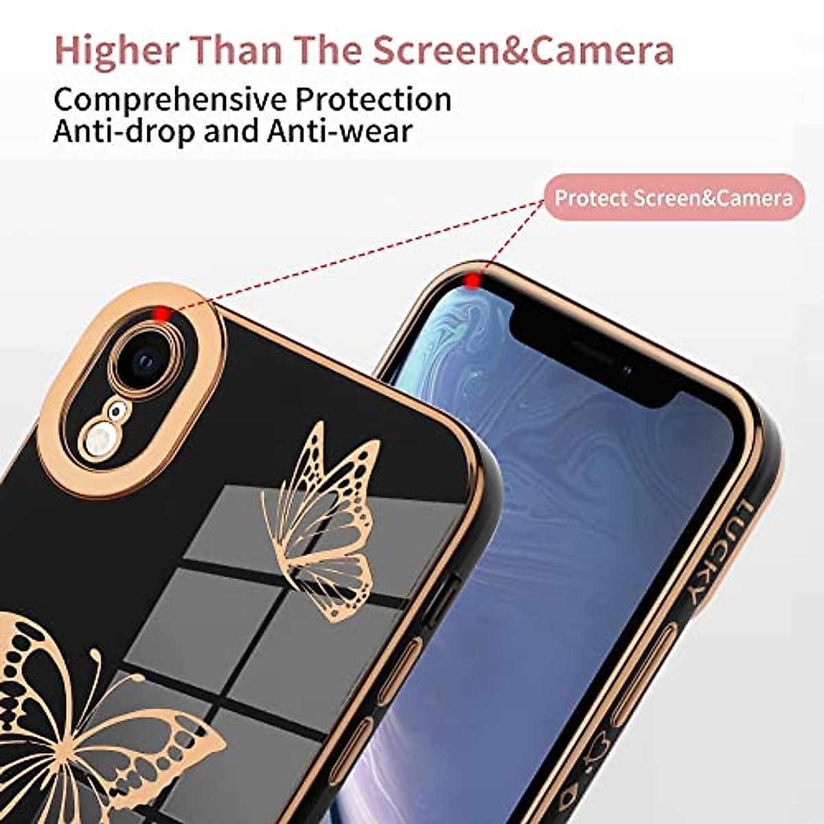 BITOBE Designed for iPhone XR Case Butterflies with Screen Protector for Women Girls,Cute Design Luxury Plating Full Camera Lens Protection Cover for iPhone XR 6.1“-Black