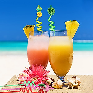 24 Pcs Hawaiian Reusable Plastic Straws with 2 Cleaning Brush Luau Theme Straws Flamingo Drinking Straws Aloha Party Favors for Kids Birthday Beach Pool Party Supplies