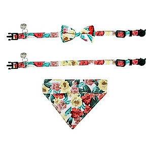 KUDES 2 Pack Breakaway Cat Collar with Removable Bow Tie and Bandana, Cute Floral Pattern Kitten Bowtie Collar Bandana Collar with Bells for Cats Puppy, Adjustable from 7.5-10.8 Inch (Colorful Flower)
