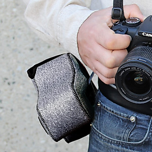 USA Gear DSLR Camera Sleeve with Neoprene Protection, Holster Belt Loop and Accessory Storage - Compatible with Canon EOS Rebel T7, 850D, 250D, R7, Nikon D3500, D5600 and More - Grey Woven Pattern