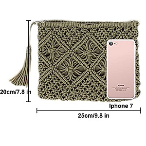 Magibag Crochet Tassel Handbag Straw Envelope Clutch Bag Cotton Macrame Purse Hobo Hand-Woven Beach Wristlet Bag with Zipper（01-Green