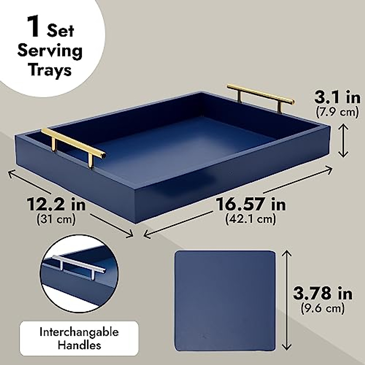 Blue Serving Tray for Coffee Table, 16x12 with Coasters, Decorative Interchangeable Gold and Silver Handles