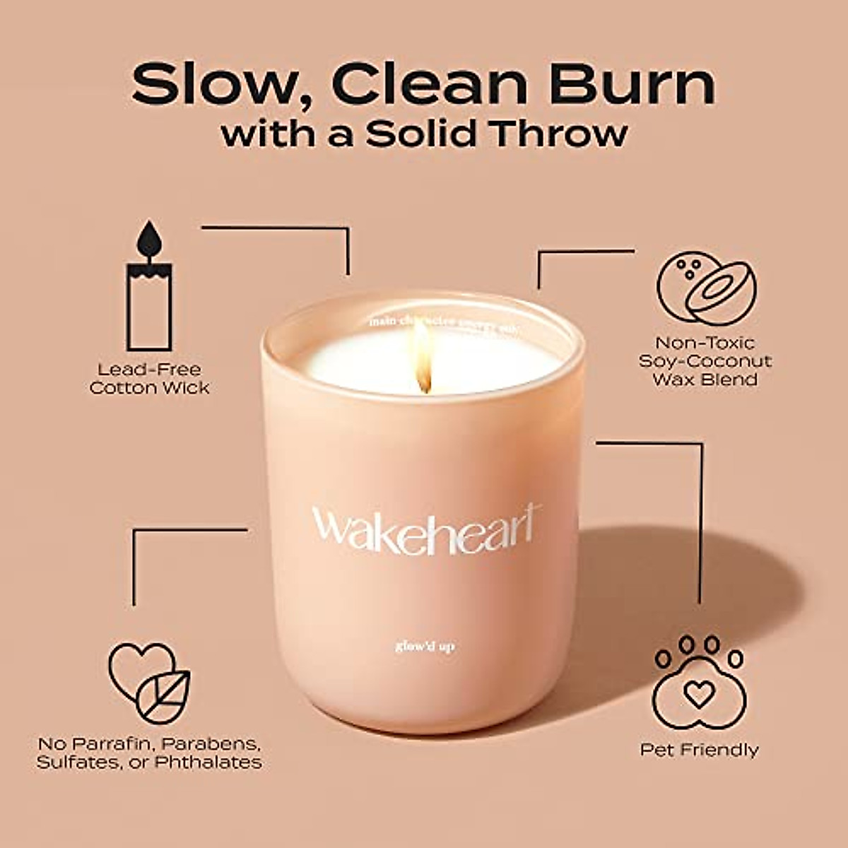 Wakeheart Premium Soy Coconut Wax Candle, Natural Non-Toxic, Highly Scented, Vegan, Cinnamon Amber Vanilla Fragrance w/Cotton Wick in Decorative Glass Jar, Hand Poured, 8oz 55 Hour Clean Burn Time