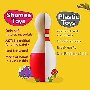 Shumee Wooden Bowling Set for 2 3 4 5 6+ Year Old Kids | Indoor Toddler Toys | Gifts | Family Party Games | Holiday | 6 pins & 1 Ball | Child Safe & Non Toxic