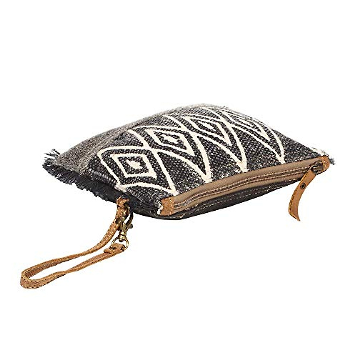 Myra Bag Second Impression Upcycled Canvas & Cowhide Leather Wristlet Pouch Bag S-1261