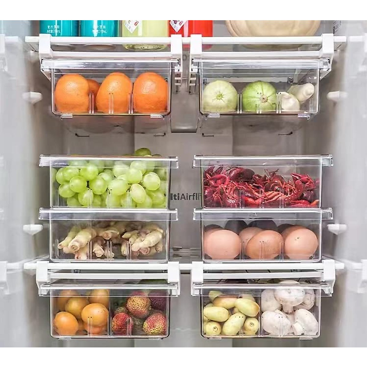 FineNoke Fridge Drawer Organizer,Refrigerator Organizer Bins,Fridge Storage Box Shelf Holder,Pull Out With Handle,Clear Container For Food,Drinks,Fit for Fridge Shelf Under 0.6" (2-Pack,4-grid)
