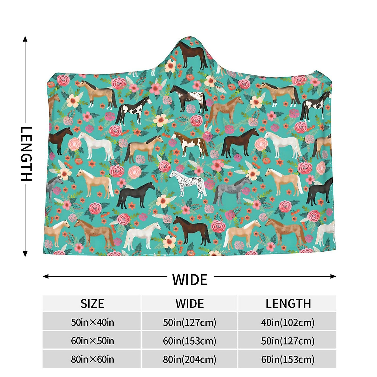HIONHSW Horses and Flowers Hooded Blanket Anti-Pilling Flannel Wearable Blanket Hoodie-Plush Warm Blanket Throw Blankets Fit for Kids, Adults, Teens