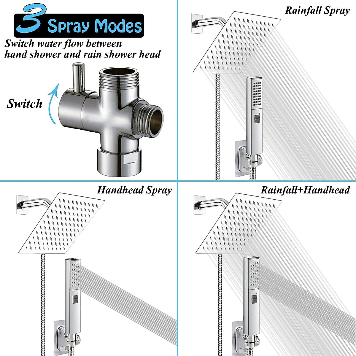 High Pressure Square Rain Shower Head with Handheld Spray Combo, Equipped with 78" Stainless Steel Hose, 3 Way Diverter Valve, Adhesive Shower Head Holder, Dual Shower Head Set, Chrome,AWAXFOLO