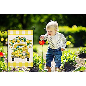 Yameeta Hello Summer Lemon Garden Flag 12.5x18 Inch Buffalo Yellow Truck with Lemons Gnome Sunflower Floral Farmhouse Decoration Double Sided Burlap Yard Lawn Outdoor Banner Flag