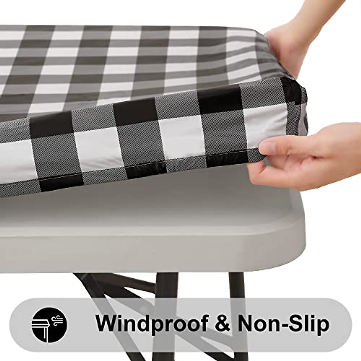 smiry Rectangle Table Cloth Cover, Elastic Waterproof Fitted Vinyl Table Covers for 6 FT Tables, Flannel Backed Buffalo Plaid Tablecloth for Picnic, Camping, Outdoor (Black and White, 30 x 72 Inches)