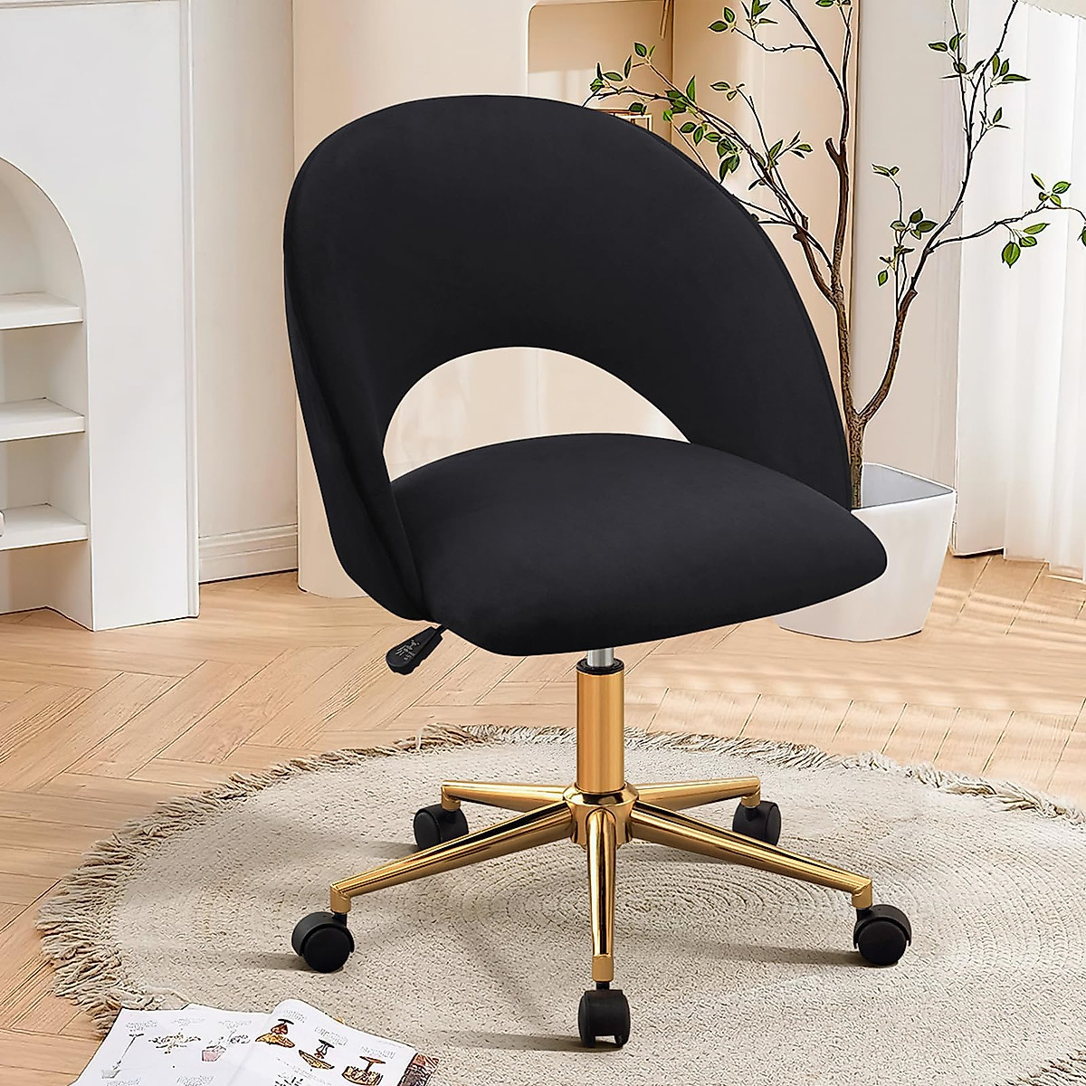 Furniliving Velvet Home Office Chair, Height Adjustable Swivel Vanity Chair with Wheels, Upholstered Desk Task Makeup Chair Computer Chair with Gold Metal Base Stool Chairs (Black)
