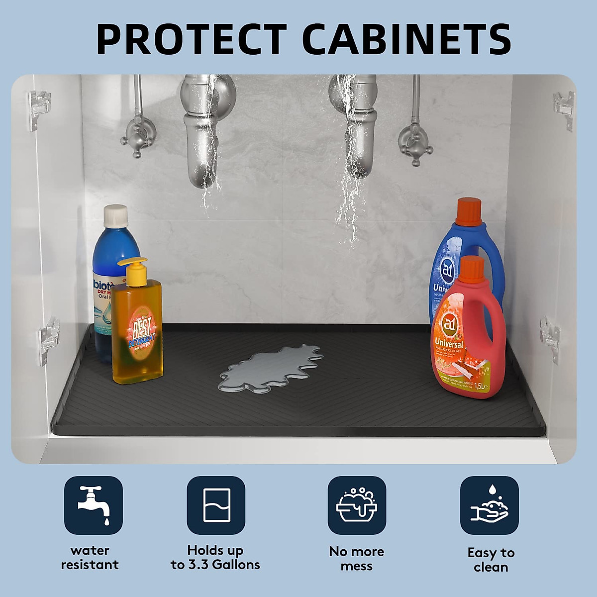 Under Sink Mat,PRETIRENO 34" x 22" Silicone Under Sink Liner for Kitchen & Bathroom Sink Base Cabinets,Under Sink Drip Tray with Lip, Black