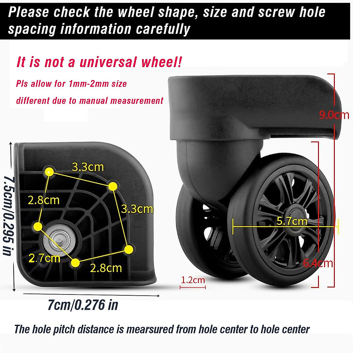 Zoofen Luggage Wheels Replacement Black Suitcase Wheels Replacement Suitcase Caster Wheels with 6 Screw Holes(Z-366)