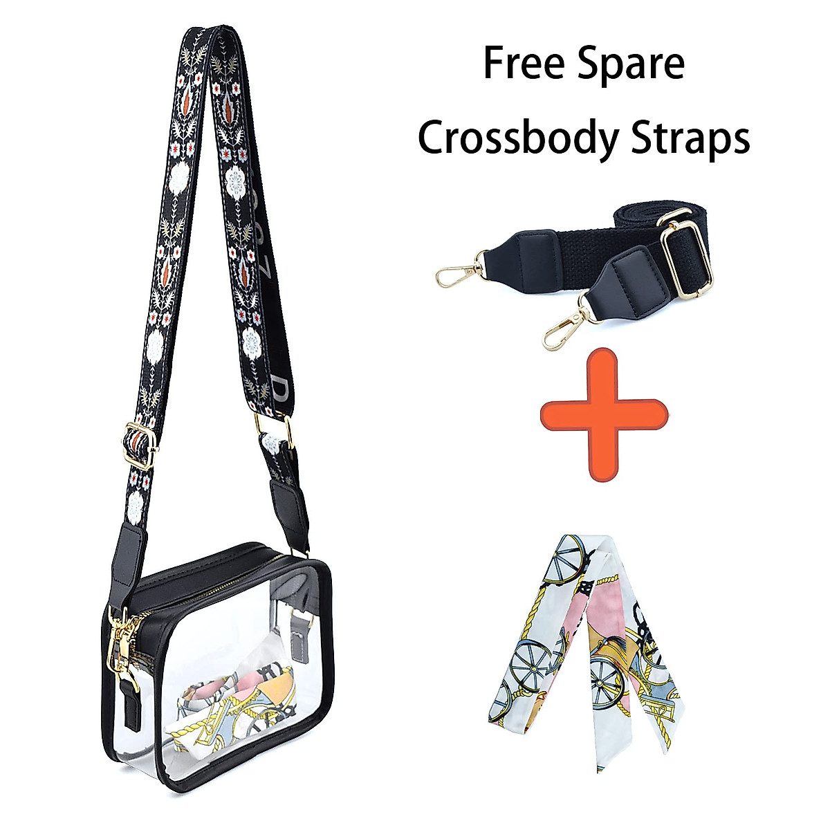 KlaOYer 2 Adjustable Strap PVC Clear Crossbody Bags with Silk, Stadium Approved Transparent Shoulder Bag Handbag Small Square Phone Bag Zipper Purse (black 2)