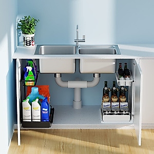 Under Sink Organizer, Painted Steel Under Cabinet Basket Organizer, Sliding Under Sink Storage with Handles, Black Bathroom Organizer Under Sink, Multi-purpose Cleaning Supplies Organizer for Kitchen