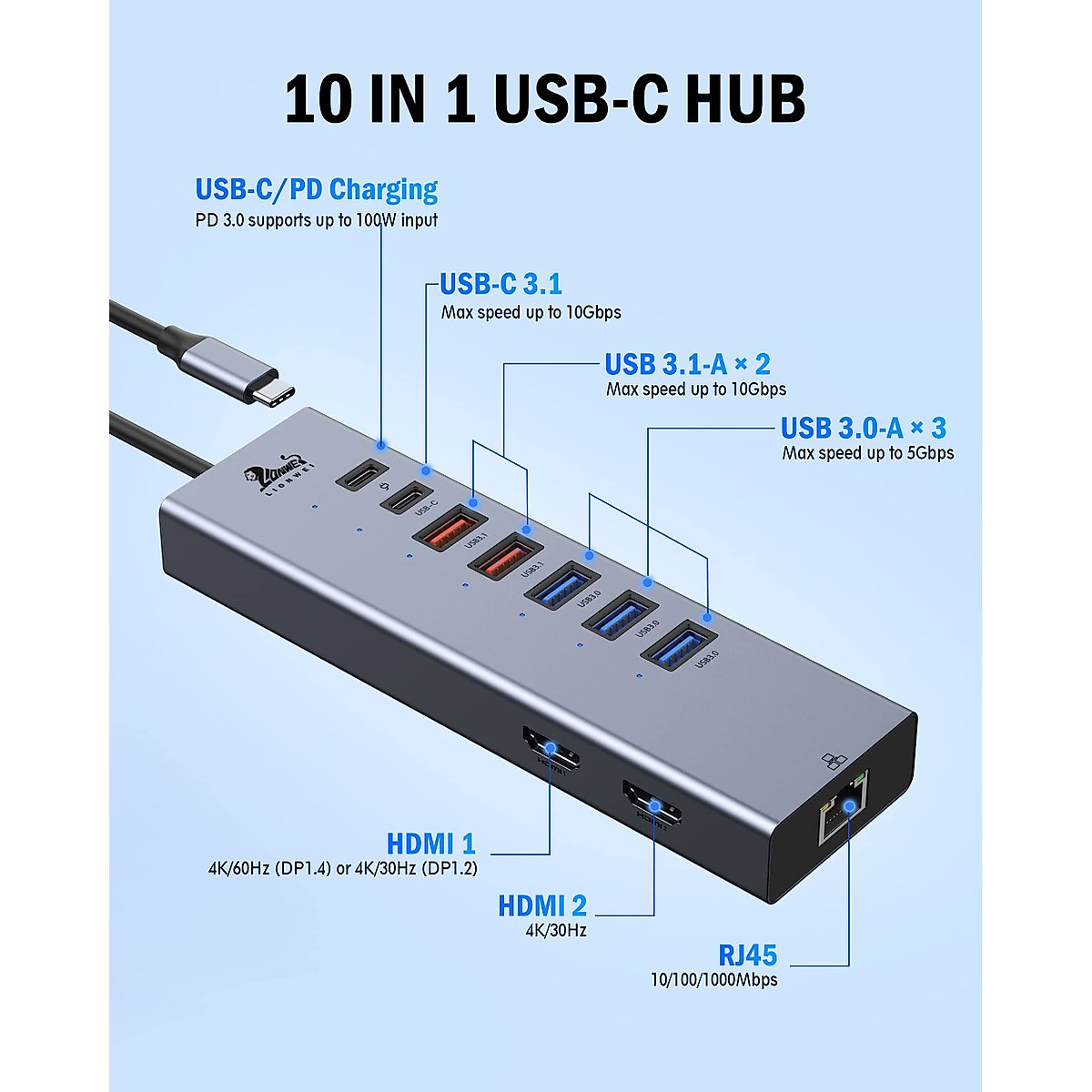 8K Dual HDMI USB C Hub 10Gbps Laptop Docking Station USB C to Dual 4K Monitor for Dell/HP/Lenovo, 10-in-1 USB C Adapter Dongle with Gigabit Ethernet, 2 USB 3.1, 3 USB 3.0, USB C Data and PD Charging