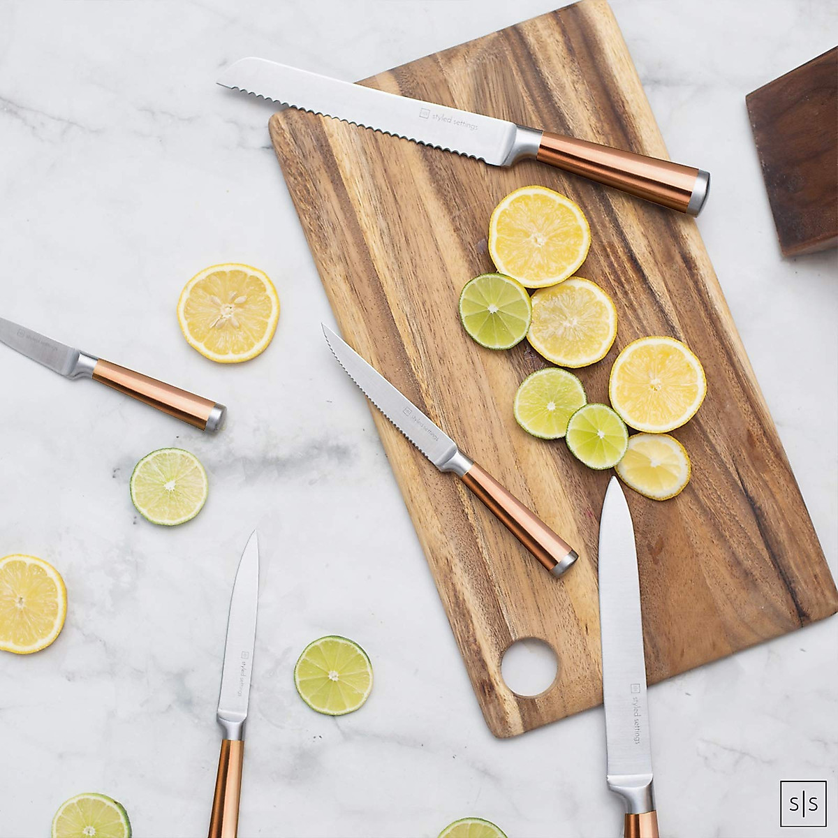 Copper Knife Set with Walnut Knife Block - Premium 13 PC Stainless Steel Knife Sets for Kitchen with Block - Rose Gold Knife Set With Block, Rose Gold Kitchen Accessories & Copper Kitchen Accessories