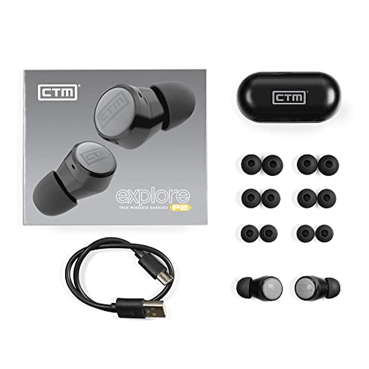 CTM Explore P2 True Wireless Earbuds | Bluetooth 5.0 Button Controls & Magnetic Charging Case | IPX6 Earphones | Sports Headset | Built-in Mic | by Clear Tune Monitors